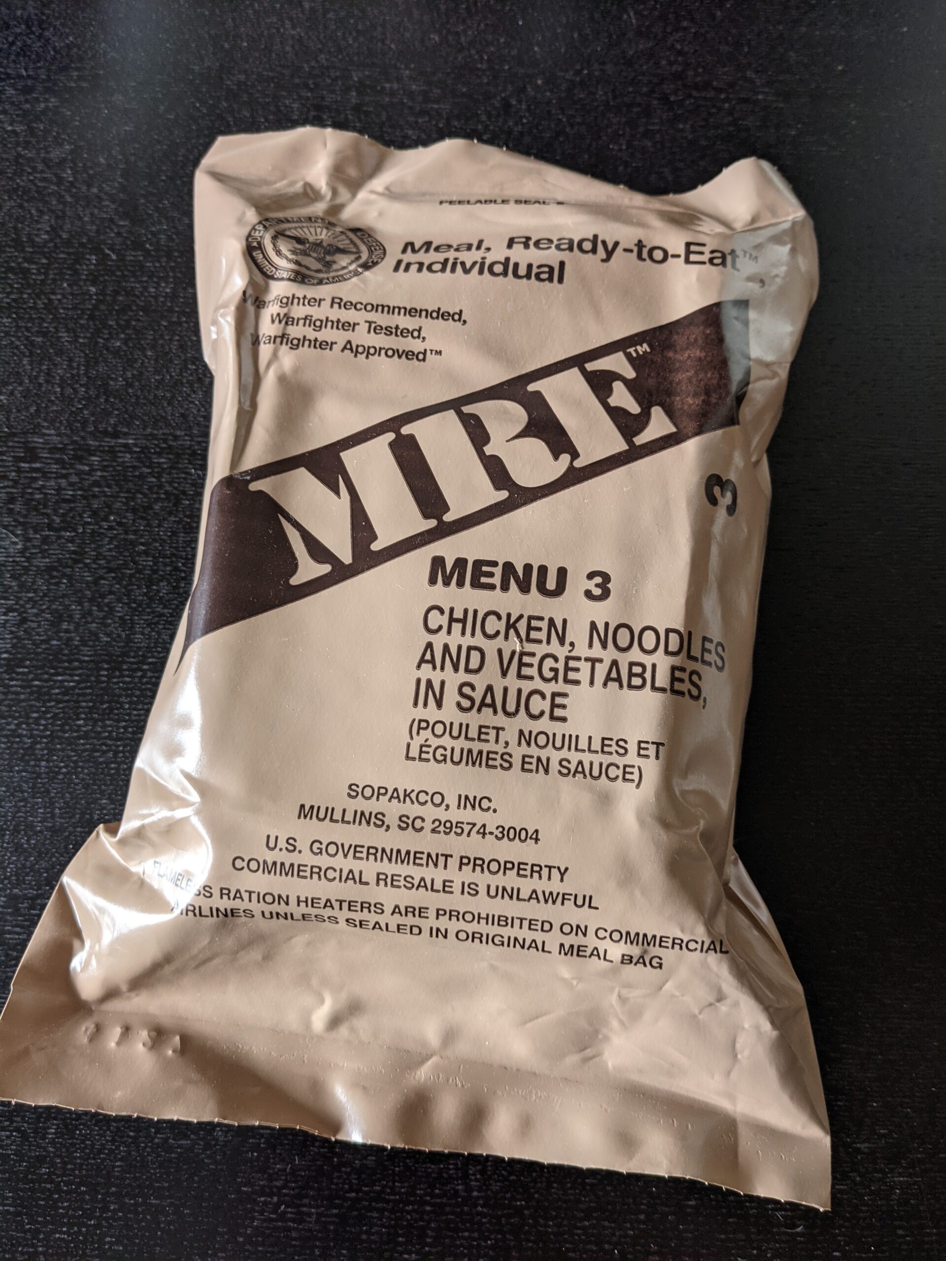 2014年製MREメニューNo.3 Chicken, Noodles and Vegetables, in sauce実食レビュー - MRE.JP