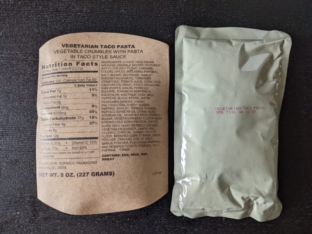 【写真のみ】2017年製米軍MREメニューNo.11「VEGETABLE CRUMBLES WITH PASTA IN TACO STYLE ...