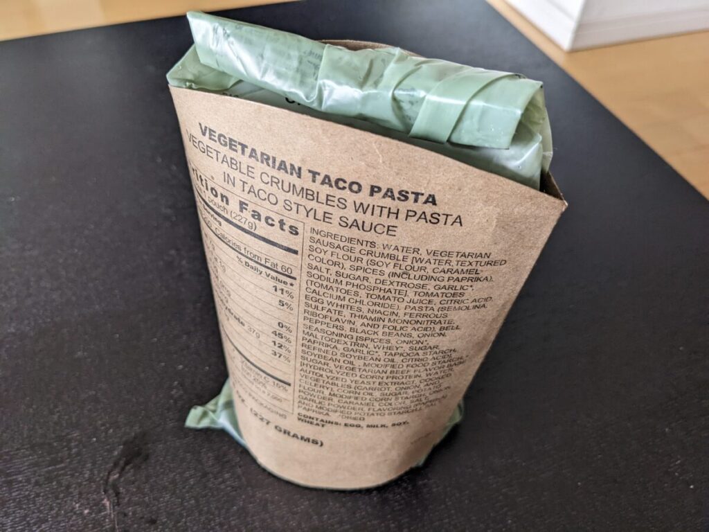 【写真のみ】2017年製米軍MREメニューNo.11「VEGETABLE CRUMBLES WITH PASTA IN TACO STYLE ...