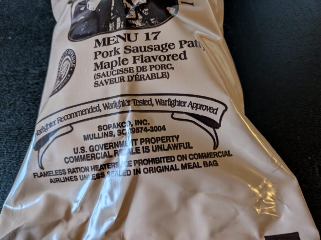 【写真のみ】2019年製米軍MREメニューNo.17「Pork Sausage Patty, Maple Flavored」 - MRE.JP